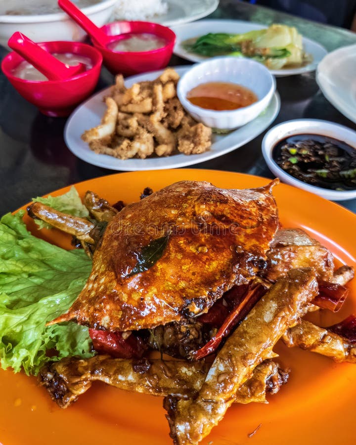 Chilli Mud Crab Served with Other Chinese Food on the Table Stock Image ...