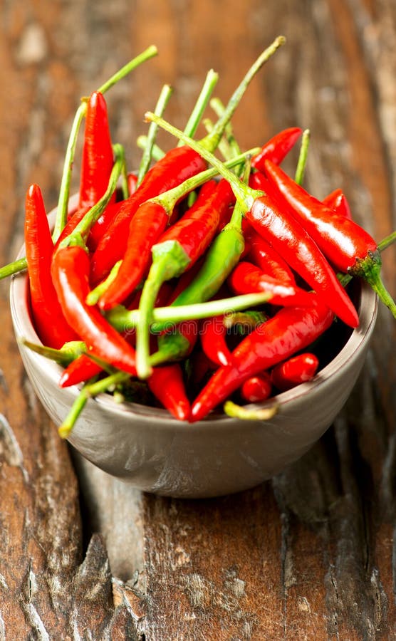 Chilli Peppers in Bowl on Wooden Table Stock Image - Image of cuisine ...