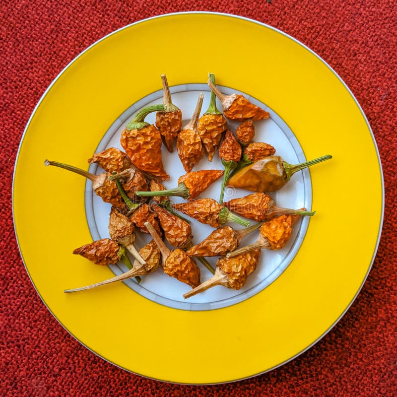 Chilli Peppers on a Yellow Plate Stock Photo - Image of cook, fruit ...