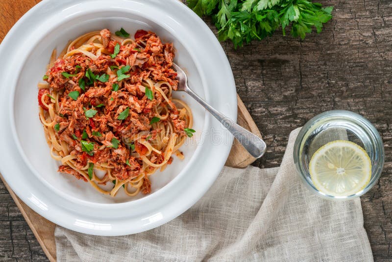 Chilli tuna with pasta stock photo. Image of cooking - 281409336