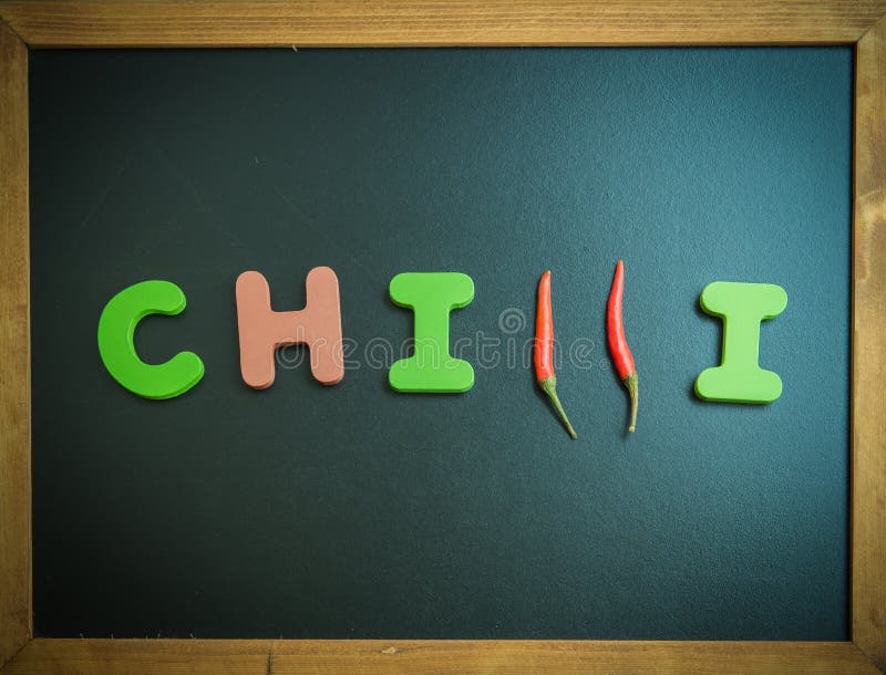 Chilli Wooden Word on Black Board Stock Image - Image of color, group ...