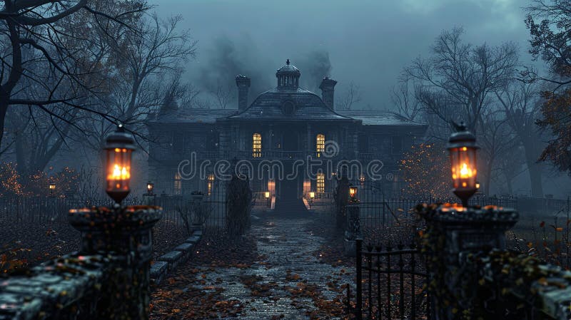 A Chilling Halloween Evening with Spirits and a Spooky Mansion Stock ...