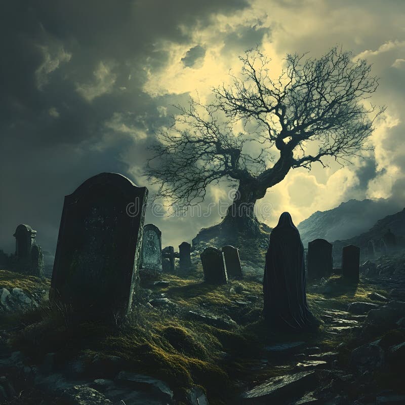 Chilling Halloween Graveyard Scene with Hooded Figure and Barren Tree ...