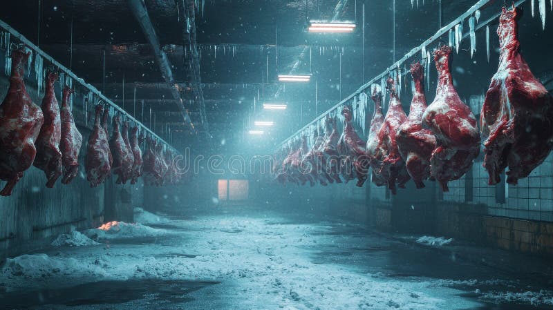 Chilling Meat Processing Facility with Hanged Cuts in Refrigerated Room ...
