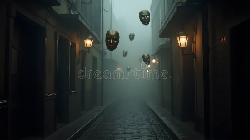 Phantom Procession: Eerie Masks Floating through a Fog-Shrouded Alley ...