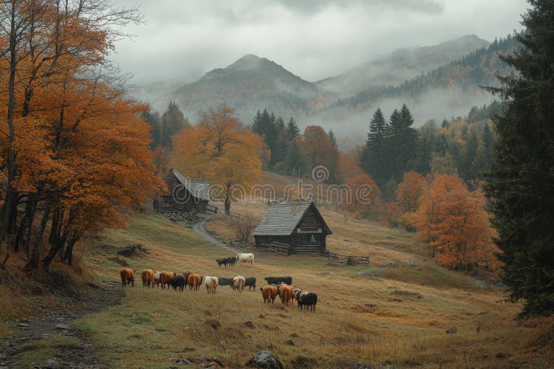 On a Chilly, Misty Autumn Morning, Cows are Grazing in a Meadow Stock ...