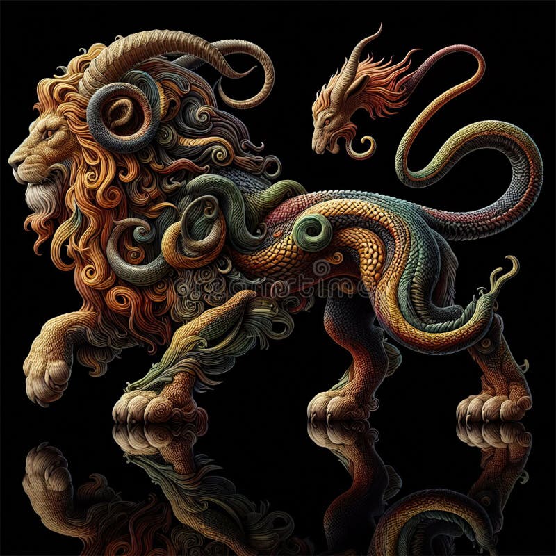 A Chimera from Greek Mythology, Isolated on Black Reflective Background ...