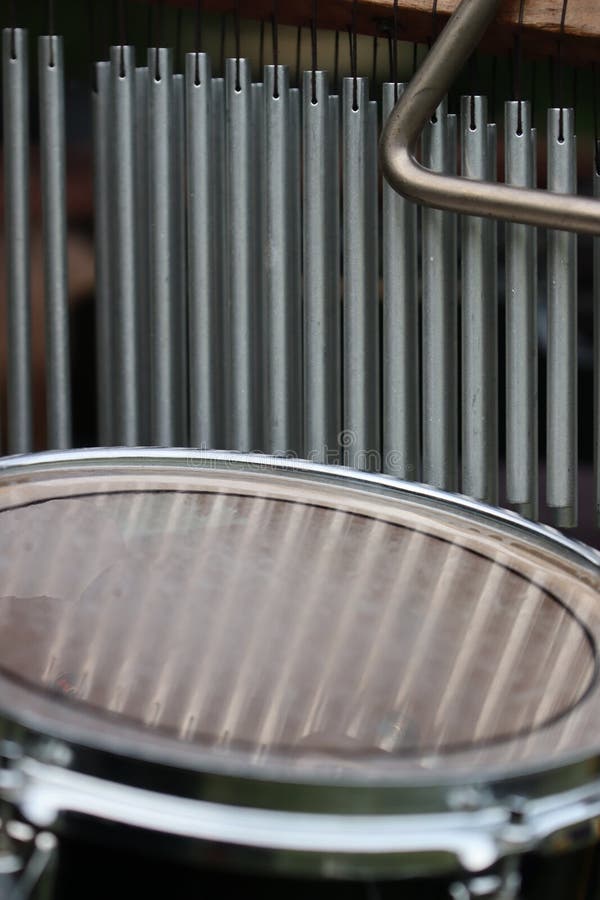 Chimes Reflected on Front Ensemble Percussion Rack Snare Drum with ...