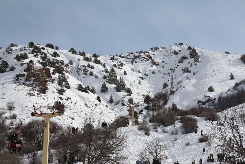 Chimgan Mountains Covered in Snow in Winter with Cable Car Stock Photo ...