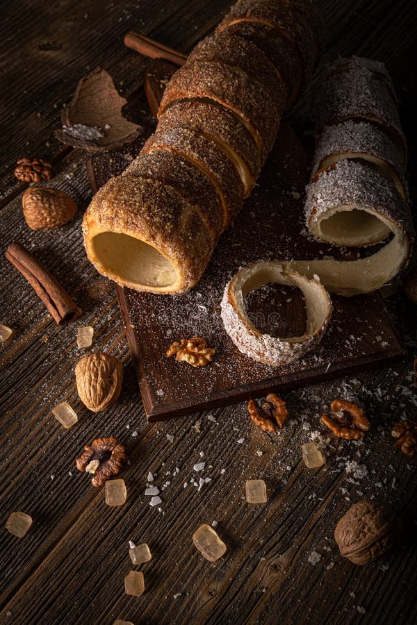 Chimney Cake on a Rustic Wooden Board Stock Photo - Image of ...