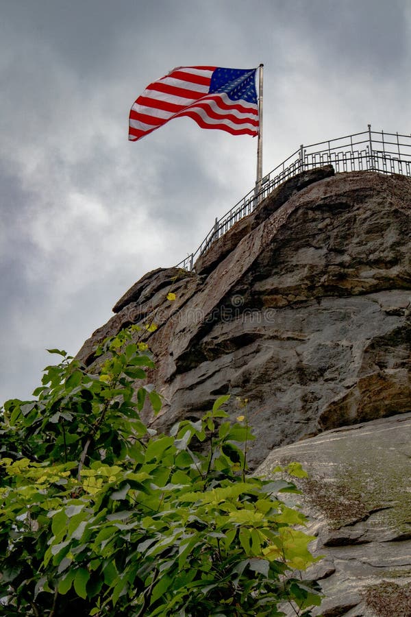 Chimney Rock State Park American Flag Blowing in the Wind Stock Photo ...