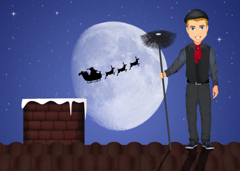 Chimney Sweep Cleans the Fireplace for Santa Claus Stock Illustration ...