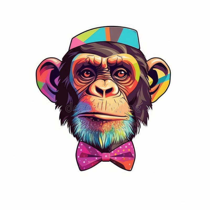 Chimp in Bow Tie Sticker: Colorful Algorithmic Art on White Background ...