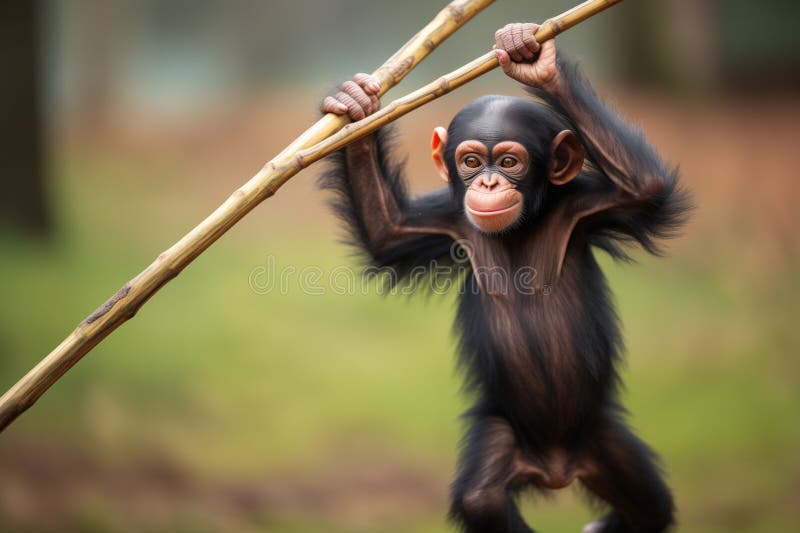 Chimp Using a Stick As a Weapon in Play Stock Illustration ...