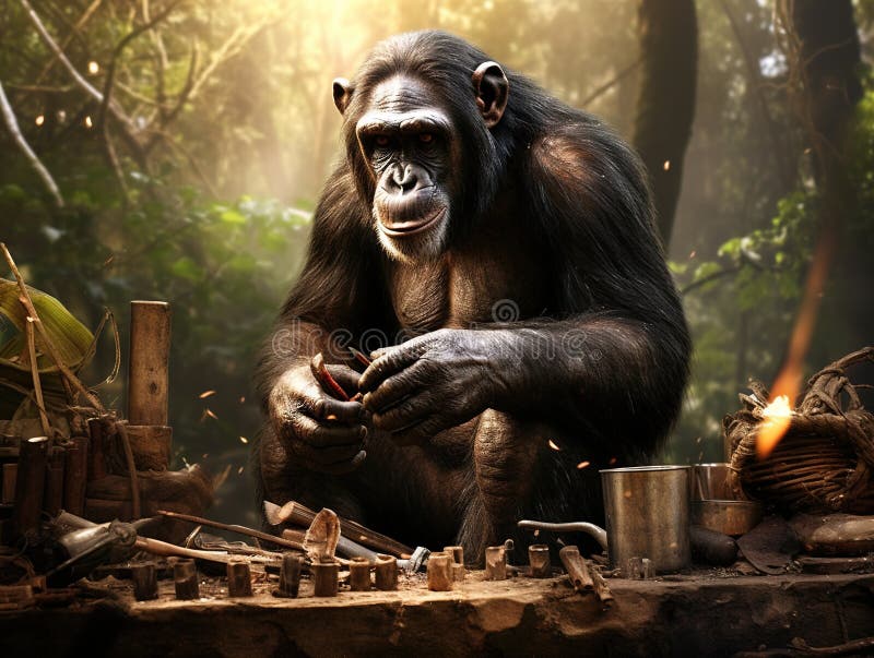 Chimp using tools stock illustration. Illustration of tree - 293703116