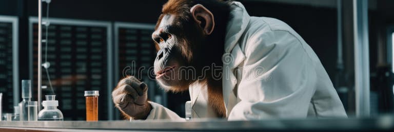 A Chimpan in a Lab Coat Looking at a Beaker. Generative AI Image. Stock ...