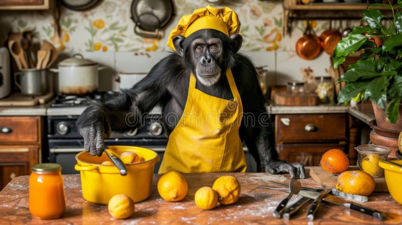 A Chimpanzee in an Apron is Cutting Lemons with Knives, AI Stock Image ...