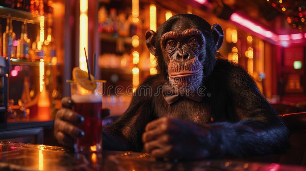 Chimpanzee at Bar with Drink Stock Photo - Image of beverage, surreal ...