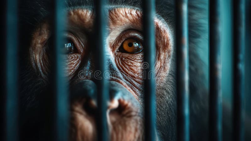 Chimpanzee Behind Bars Expressing Sadness and Confinement National ...