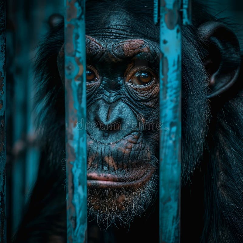 Chimpanzee Behind Bars with a Thoughtful Expression Stock Illustration ...