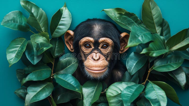 A Chimpanzee Captured Up Close, Chewing on a Green Leaf Stock Image ...