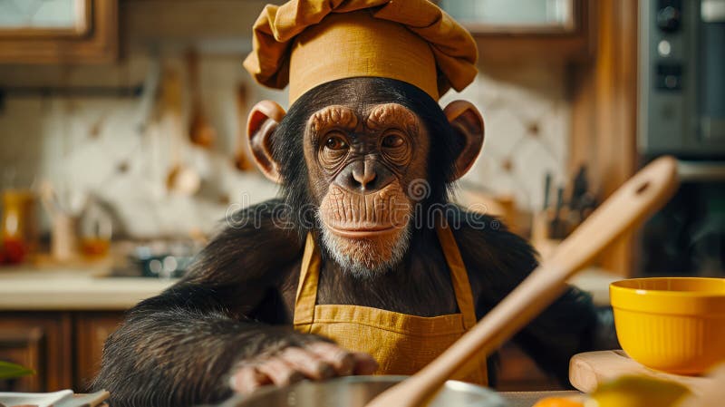 Chimpanzee Dressed As Chef in Kitchen Stock Image - Image of food ...