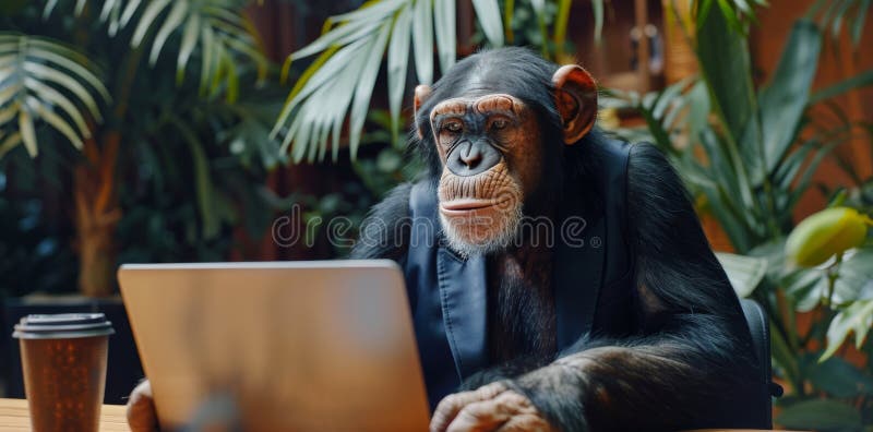 Chimpanzee Working on Laptop at a Cafe Stock Photo - Image of plants ...