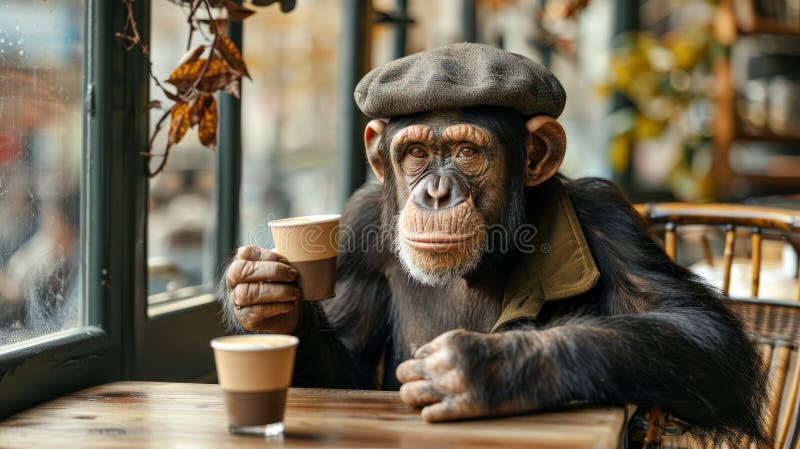 Chimpanzee Dressed Up, Drinking Coffee at Cafe Stock Image - Image of ...