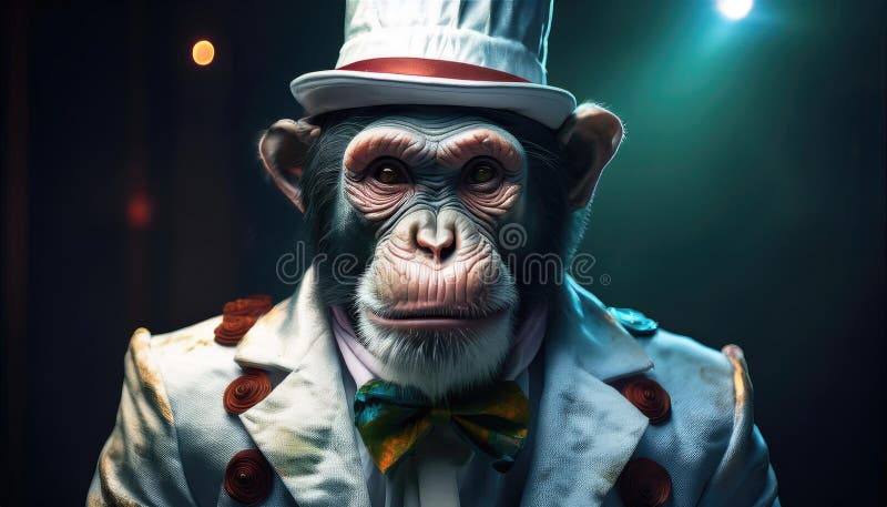 A Chimpanzee Dressed in a White Tuxedo and a Top Hat Under Dramatic ...