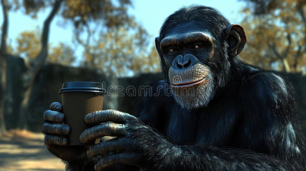 Chimpanzee Enjoying Coffee Outdoors Stock Image - Image of research ...