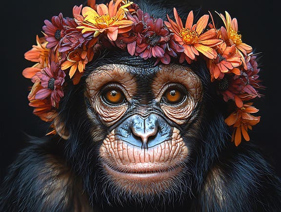 Chimpanzee with Flower Crown Stock Photo - Image of africa, peaceful ...
