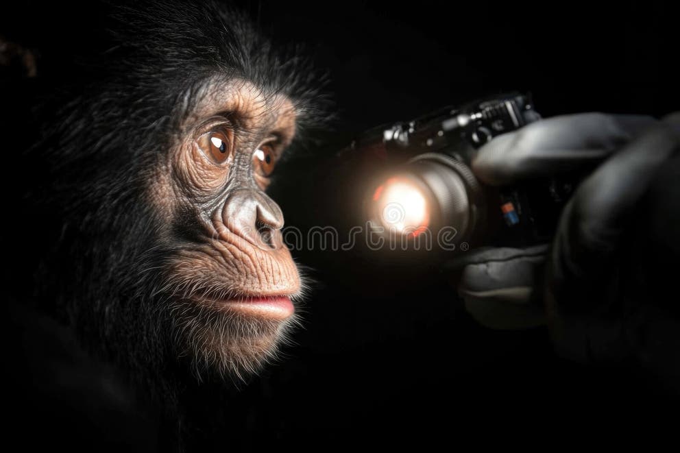 Chimpanzee Gazing Curiously at Camera with Glowing Light in Dark ...