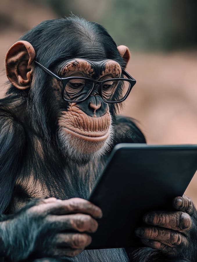 Chimpanzee with Glasses Using Tablet Stock Image - Image of glasses ...