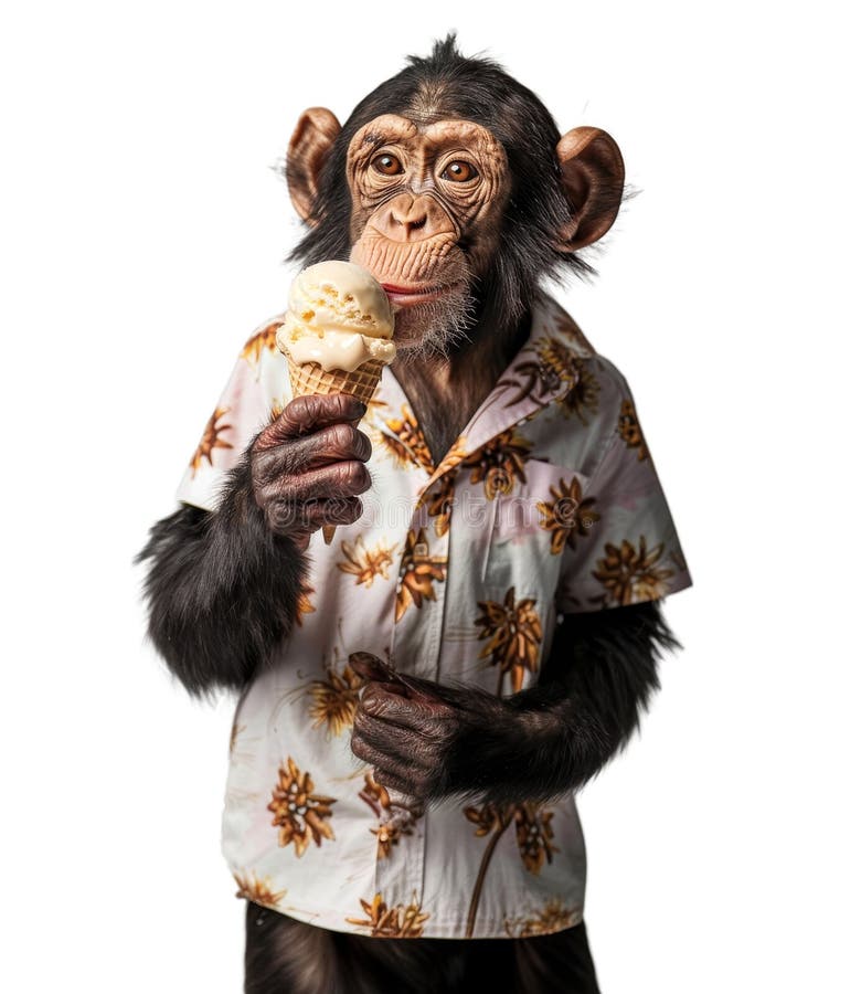 A Chimpanzee in a Hawaiian Shirt Indulging in a Refreshing Ice Cream ...