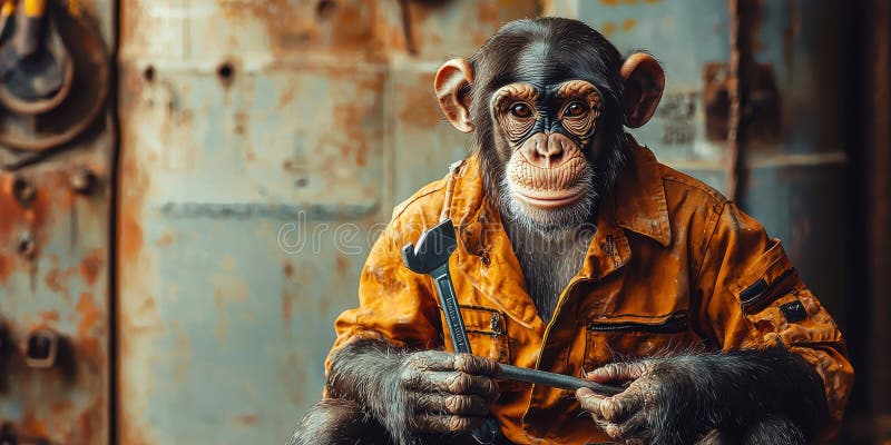 Chimpanzee Holding Wrench in Workshop Environment for Conceptual Image ...
