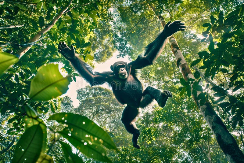 A Chimpanzee is Jumping through the Trees in a Jungle Stock ...