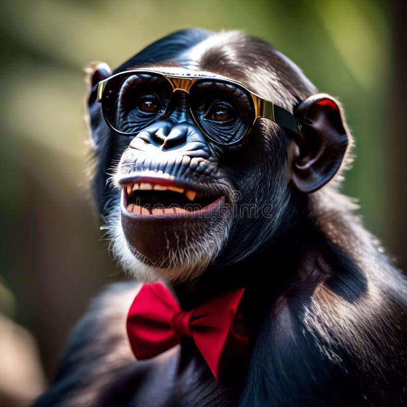 A Chimpanzee Monkey with Glasses and a Red Bow Tie Stock Illustration ...