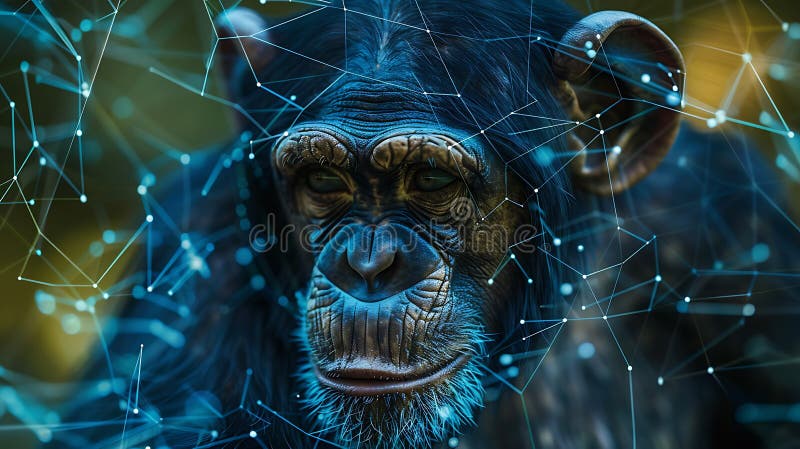 Chimpanzee Monkey with Low Poly Wireframe Background 3D Rendering Stock ...