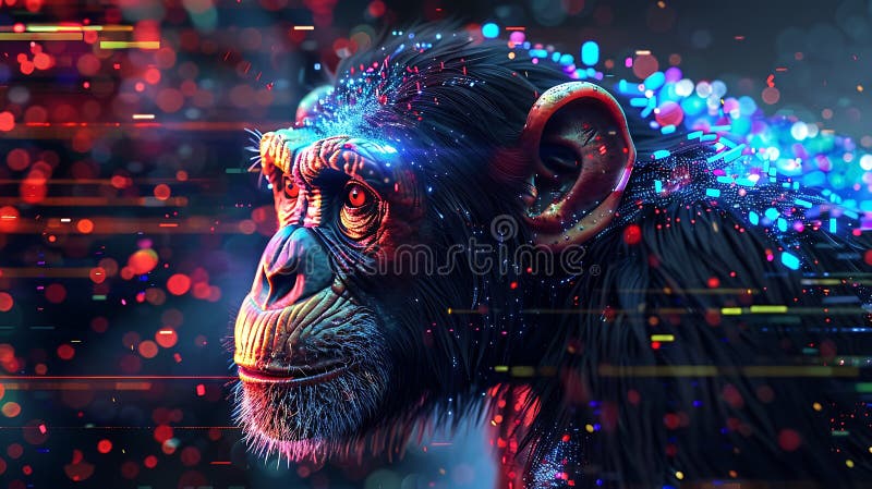 Chimpanzee Monkey Portrait 3D Illustration with Glitch Effect Stock ...