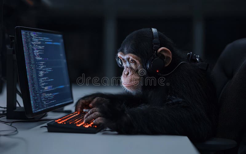 Chimpanzee Programmer Working on Code at Night Stock Illustration ...