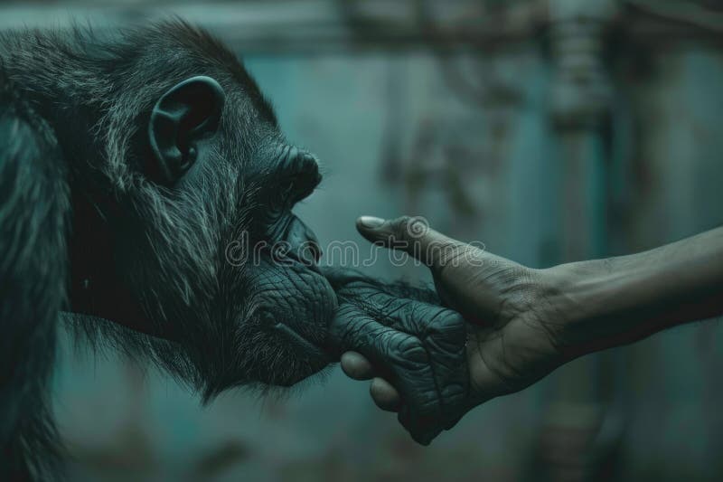 A Chimpanzee Reaches Out with Its Hand, Gently Touching the Hand of a ...