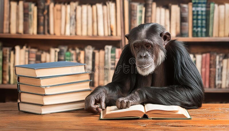 Chimpanzee Reading a Book in a Library Stock Illustration ...