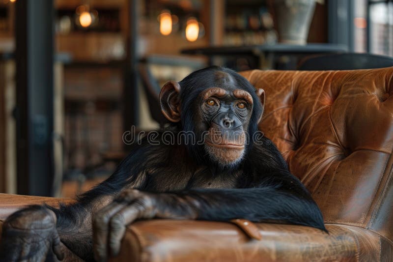 Chimpanzee Relaxing on Leather Sofa in a Cozy Modern Interior Setting ...