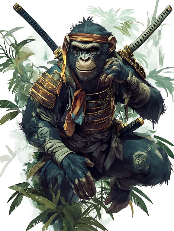 Chimpanzee Samurai Warrior in Jungle Setting Stock Illustration ...