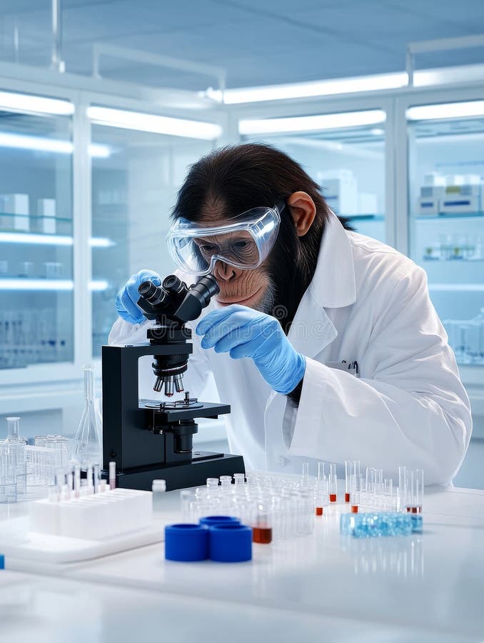 Chimpanzee Scientist Examining Samples through Microscope in Laboratory ...