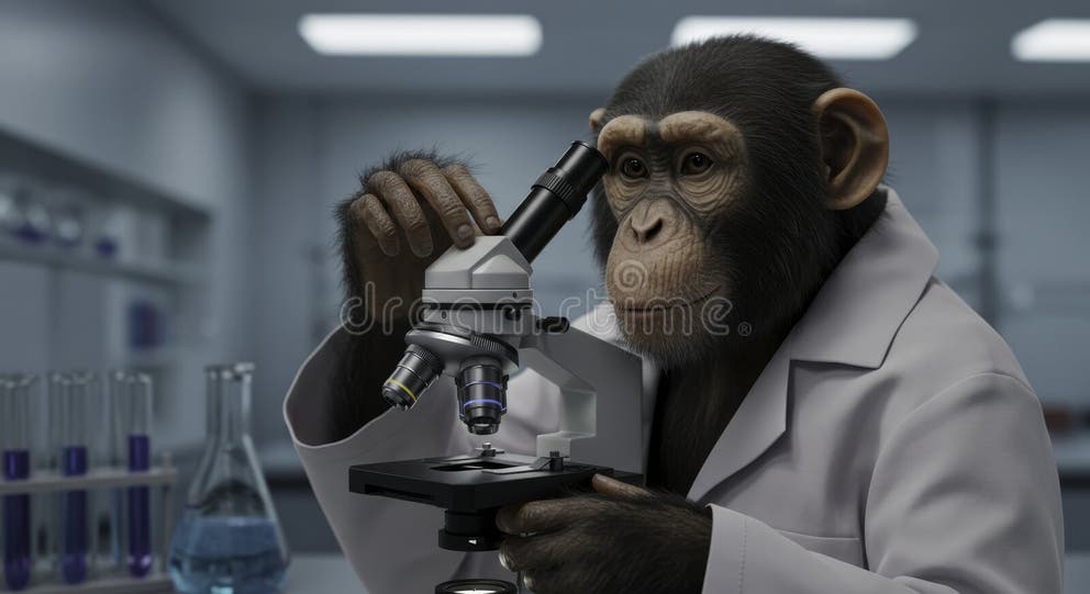 Chimpanzee Scientist Using Microscope in Laboratory Stock Illustration ...