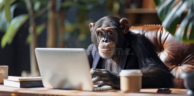 Chimpanzee Using Laptop Computer Outdoors Stock Photo - Image of brown ...