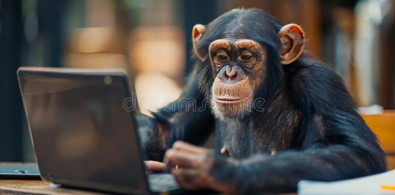 Chimpanzee Using Laptop Computer Outdoors Stock Photo - Image of laptop ...