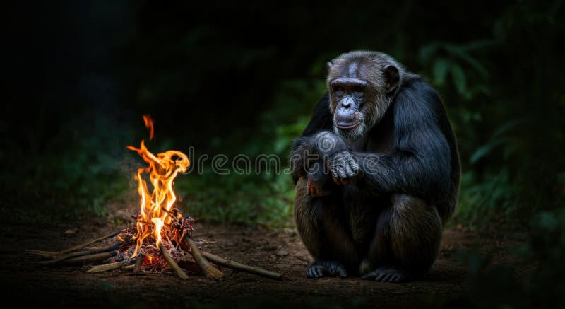 Chimpanzee Observing Campfire in Jungle at Night for Wildlife Awareness ...