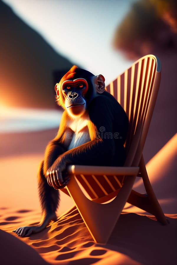 Chimpanzee Sitting in a Chair on the Beach at Sunset Stock Illustration ...
